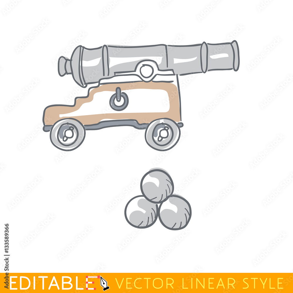 Old cannon with kernels. Ancient artillery gun. Editable line drawing ...