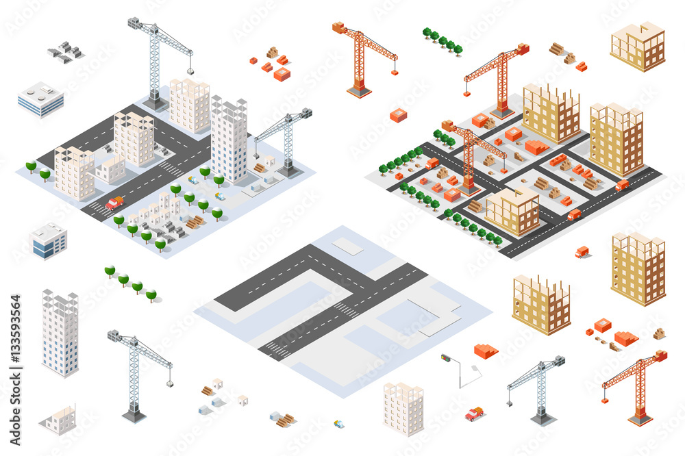 Flat 3d architectural set isometric creative planning, web infographic ...