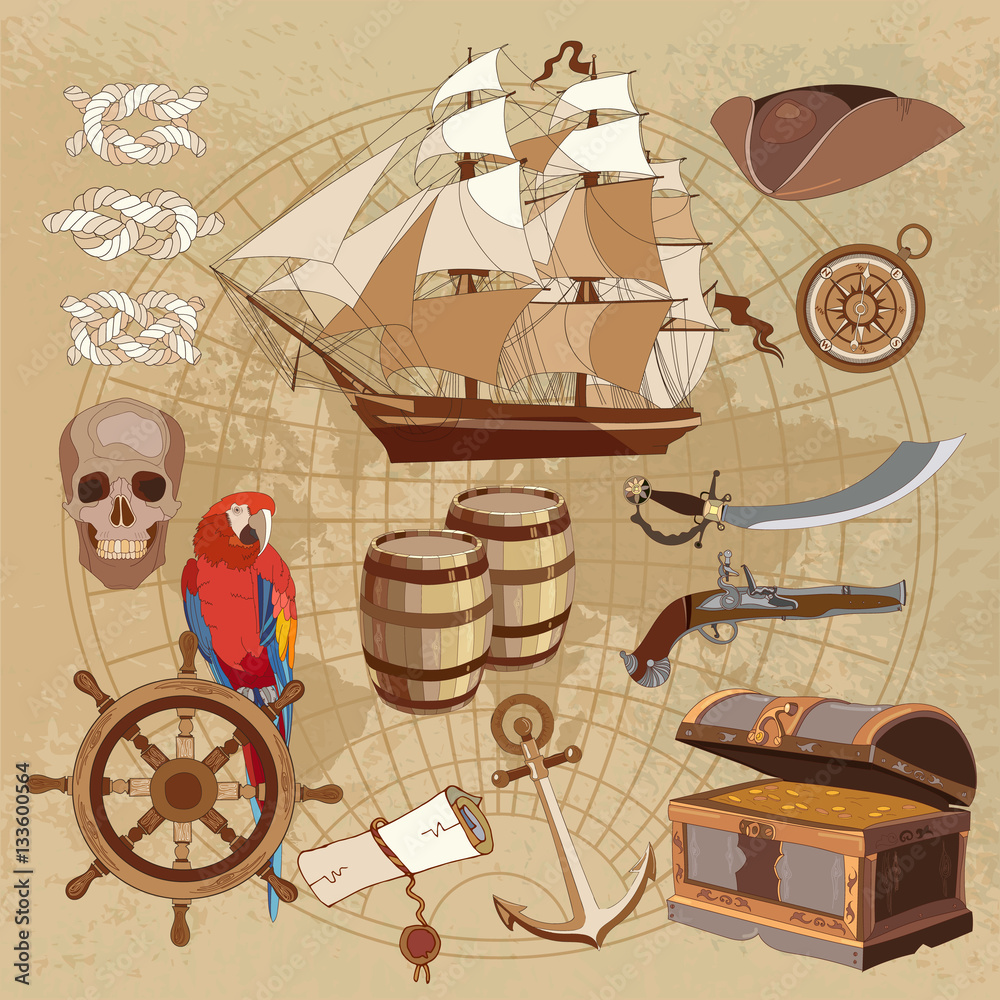 Old pirate treasure map. Treasure chest, parrot, steering wheel Stock ...