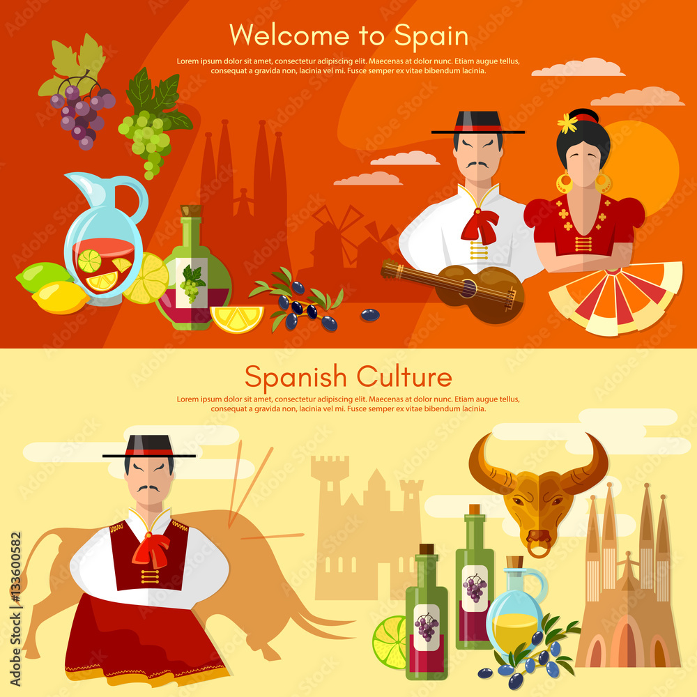 Welcome to Spain banner. Traditions and culture spanish attractio Stock ...