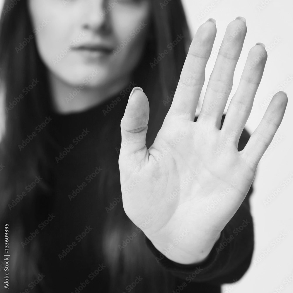 Girl showing stop hand sign gesture (Body language, gestures, ps Stock ...