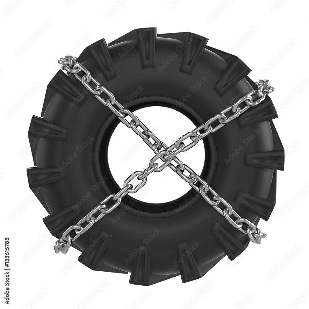 Big Tractor wheel. Tire chains wrapped. Symbol of strong power and ...