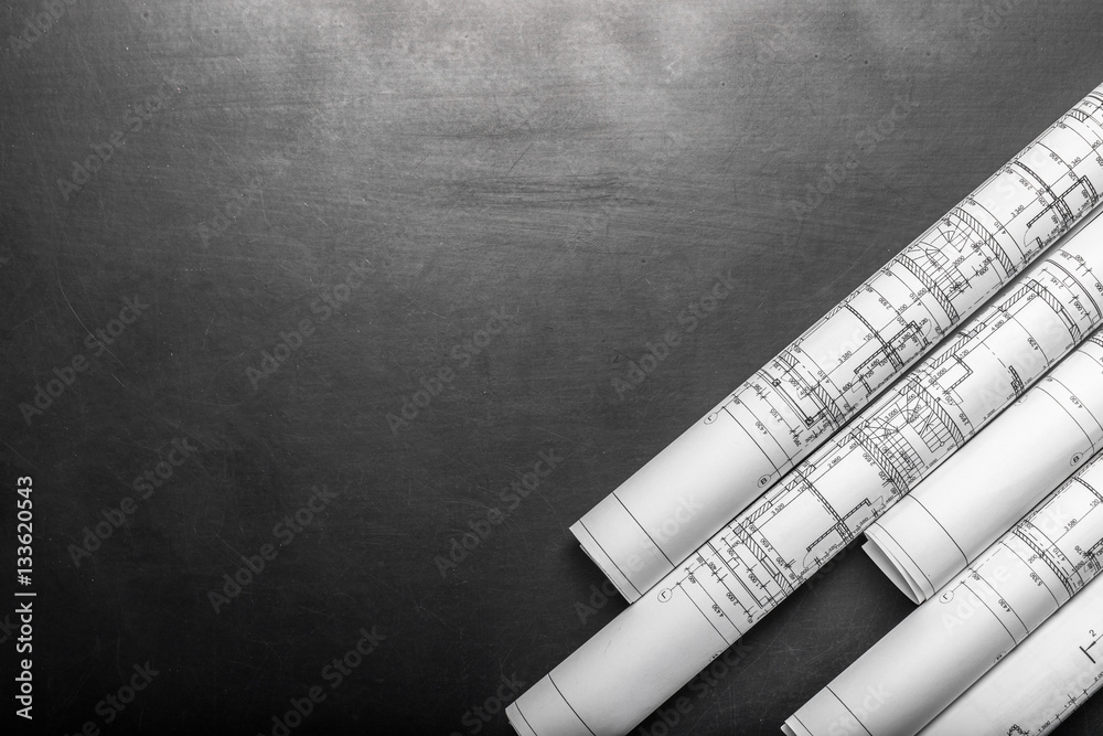 Construction planning drawings on black background Stock Photo | Adobe ...