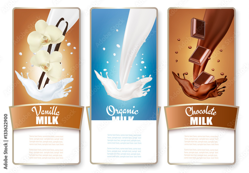 Set of three labels of milk, chocolate and vanilla milk splashes Stock ...