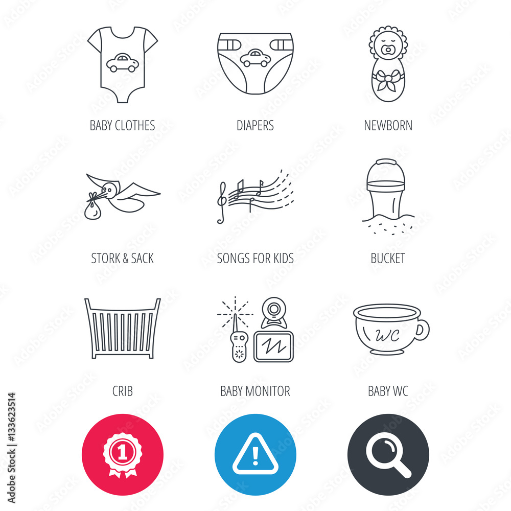 Achievement and search magnifier signs. Diapers, newborn baby and ...