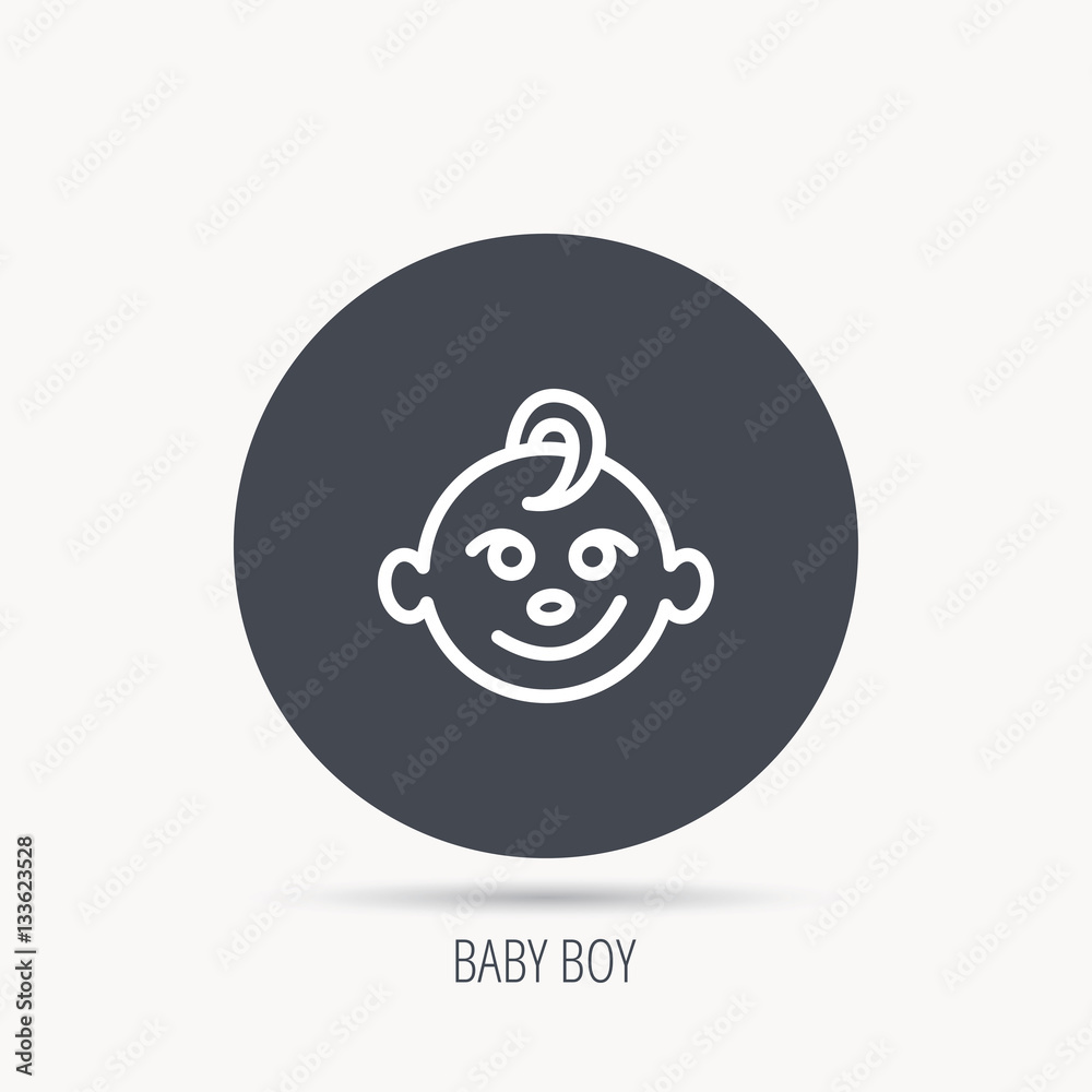 Baby boy face icon. Child with smile sign. Newborn symbol. Round web ...