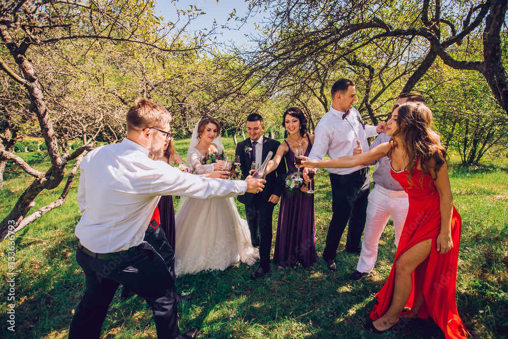 bride and groom with happy groomsmen and bridesmaids having fun and ...