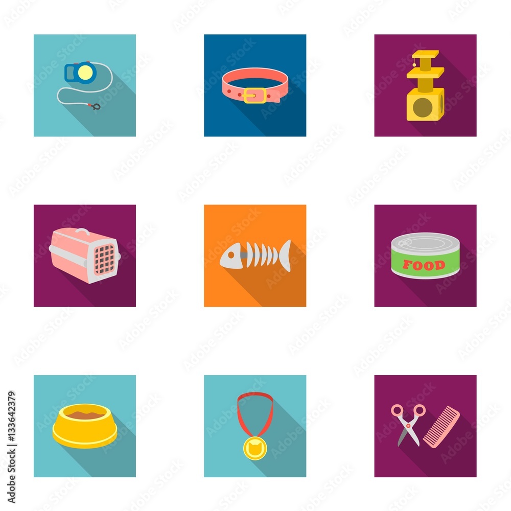 Cat equipment set icons in flat style. Big collection of cat equipment ...
