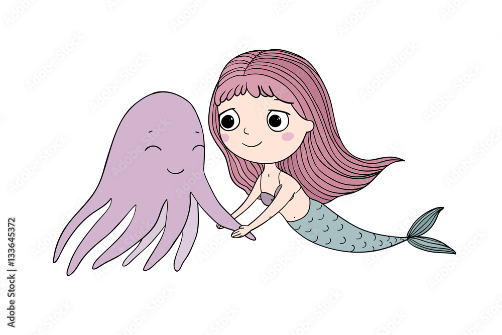 Cute cartoon mermaid and octopus. Siren. Sea theme. Hand drawing ...