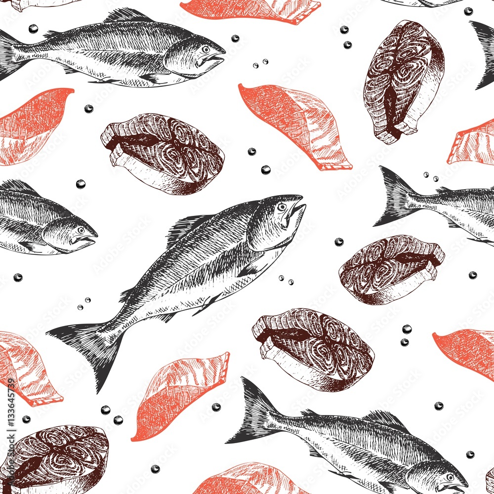 Vector seamless pattern of seafood. Salmon fish, fillet and slice. Hand ...