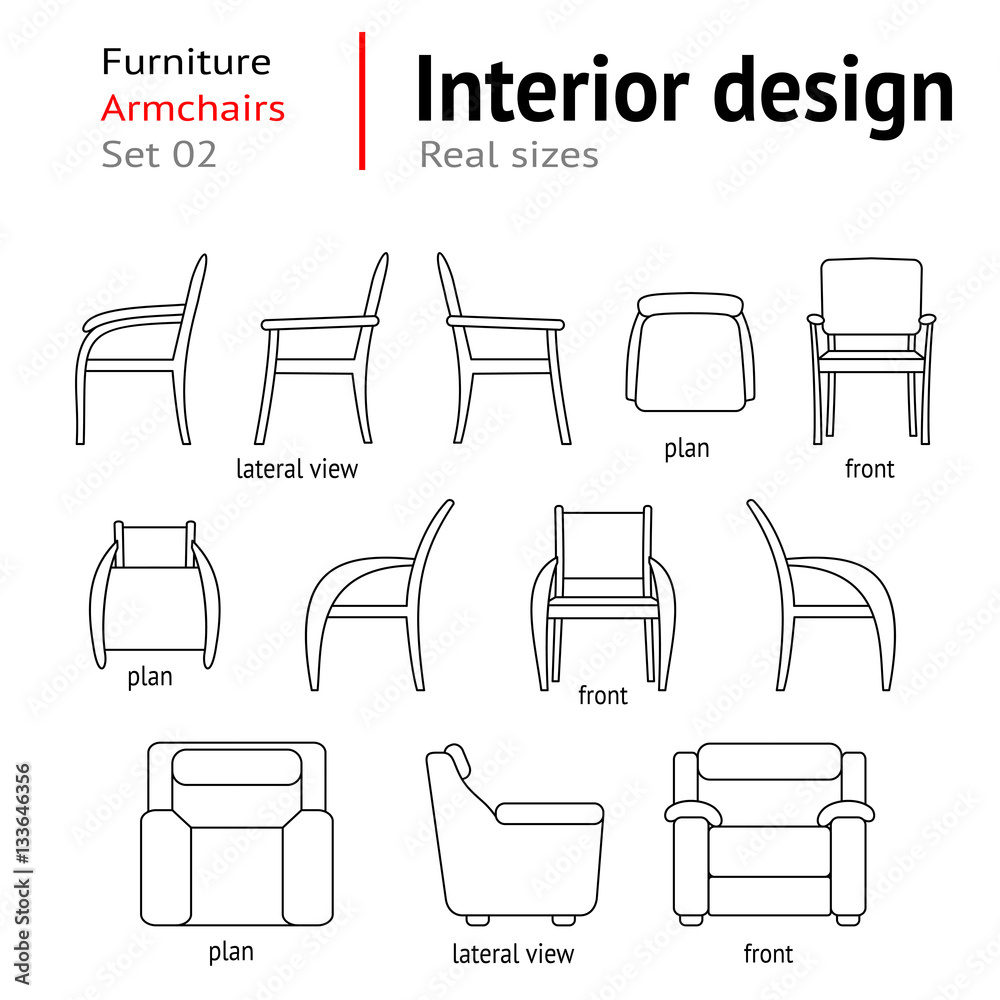 Architectural thin line icons set. Furniture. Seats, chairs, armchairs ...