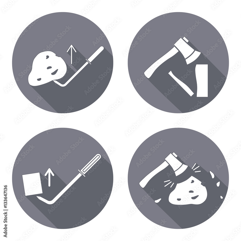 Tool icons set. Axe, hache, pinchbar instrument. Working, unskilled ...