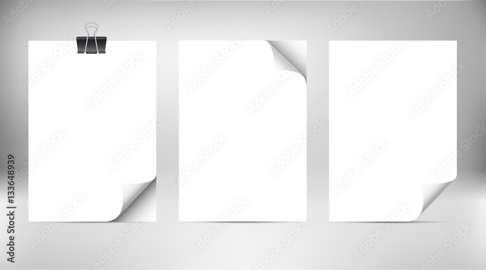 Close up empty paper sheets with curled corner isolated on gradient ...