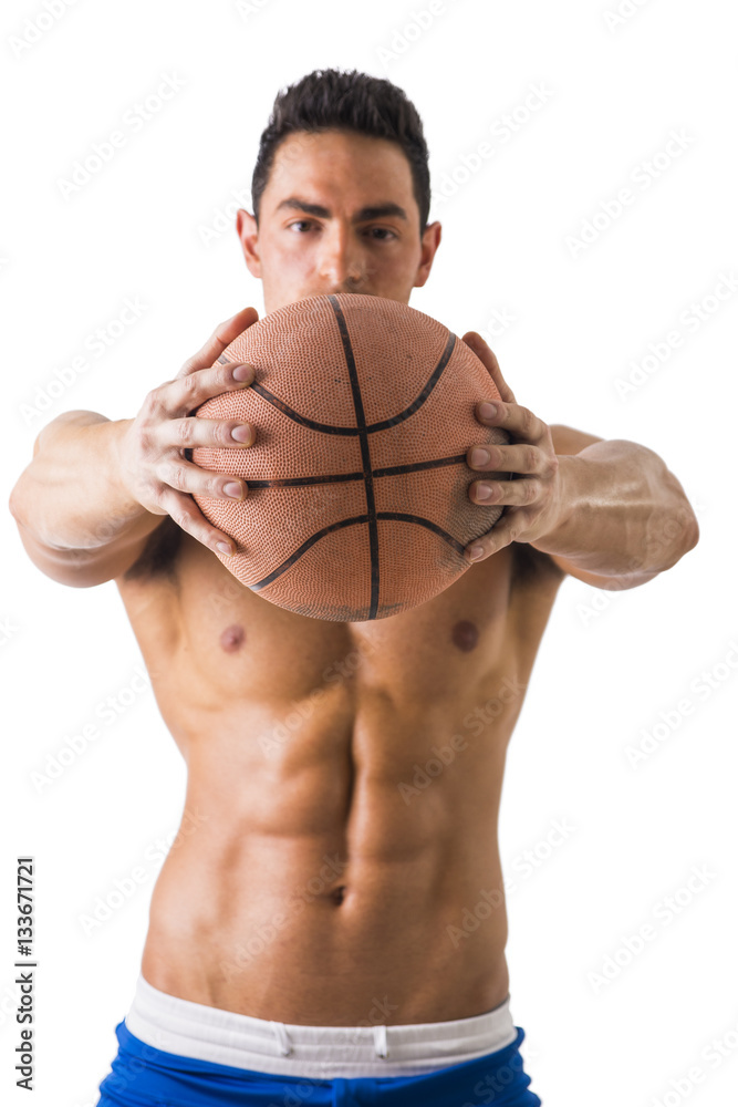Sexy portrait of a very muscular shirtless male model with basketball ...