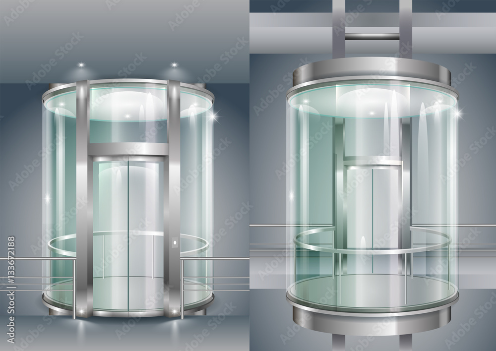 Glass modern elevator cylindrical shape with a transparent glass ...