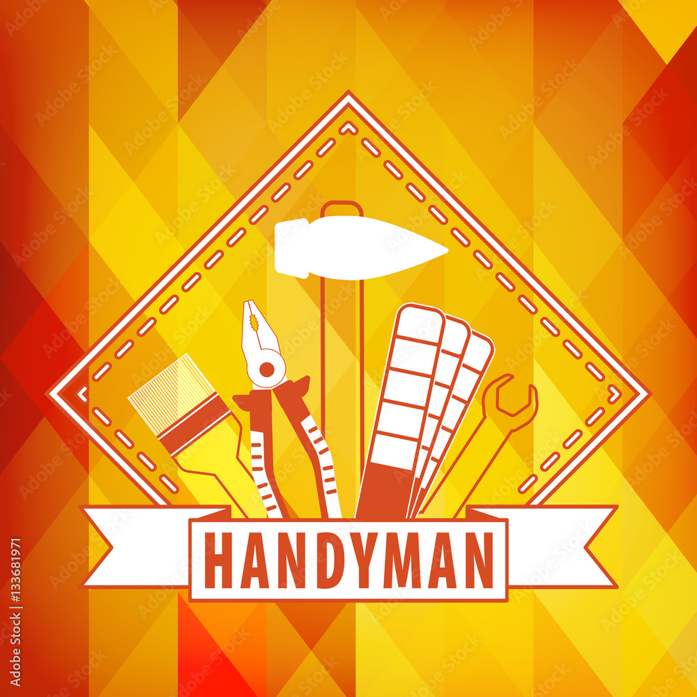 Handyman logo on polygonal background in orange. Set of repair tools ...