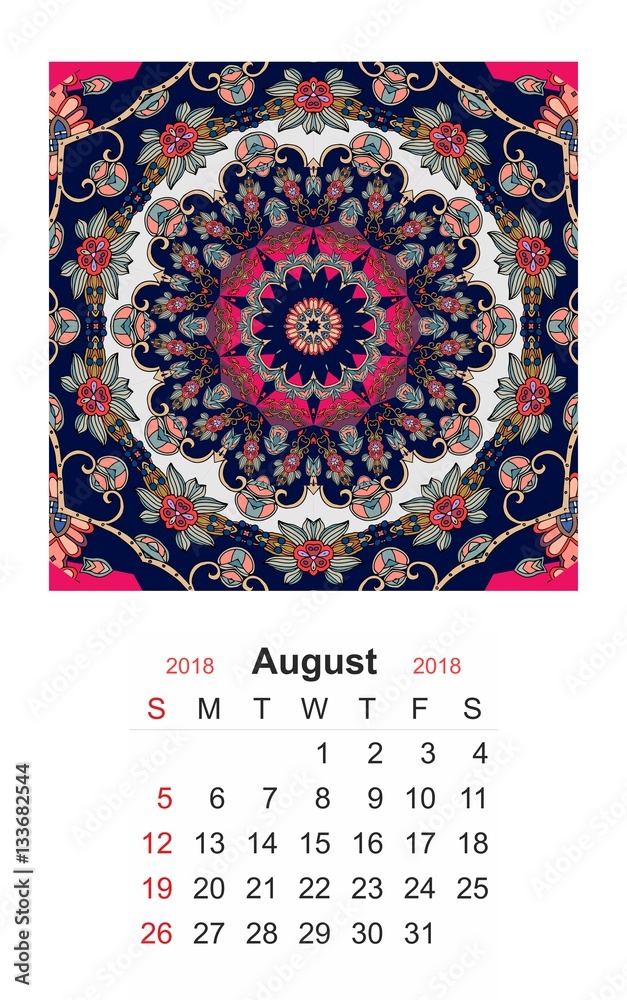 Calendar for 2018 year on indian ornamental background. Mandala pattern ...