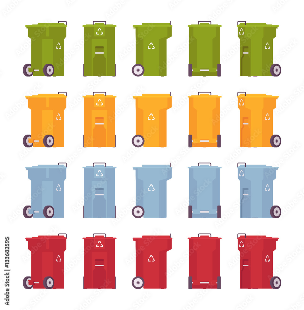 Set of trash bins on wheels, different colors and positions Stock ...