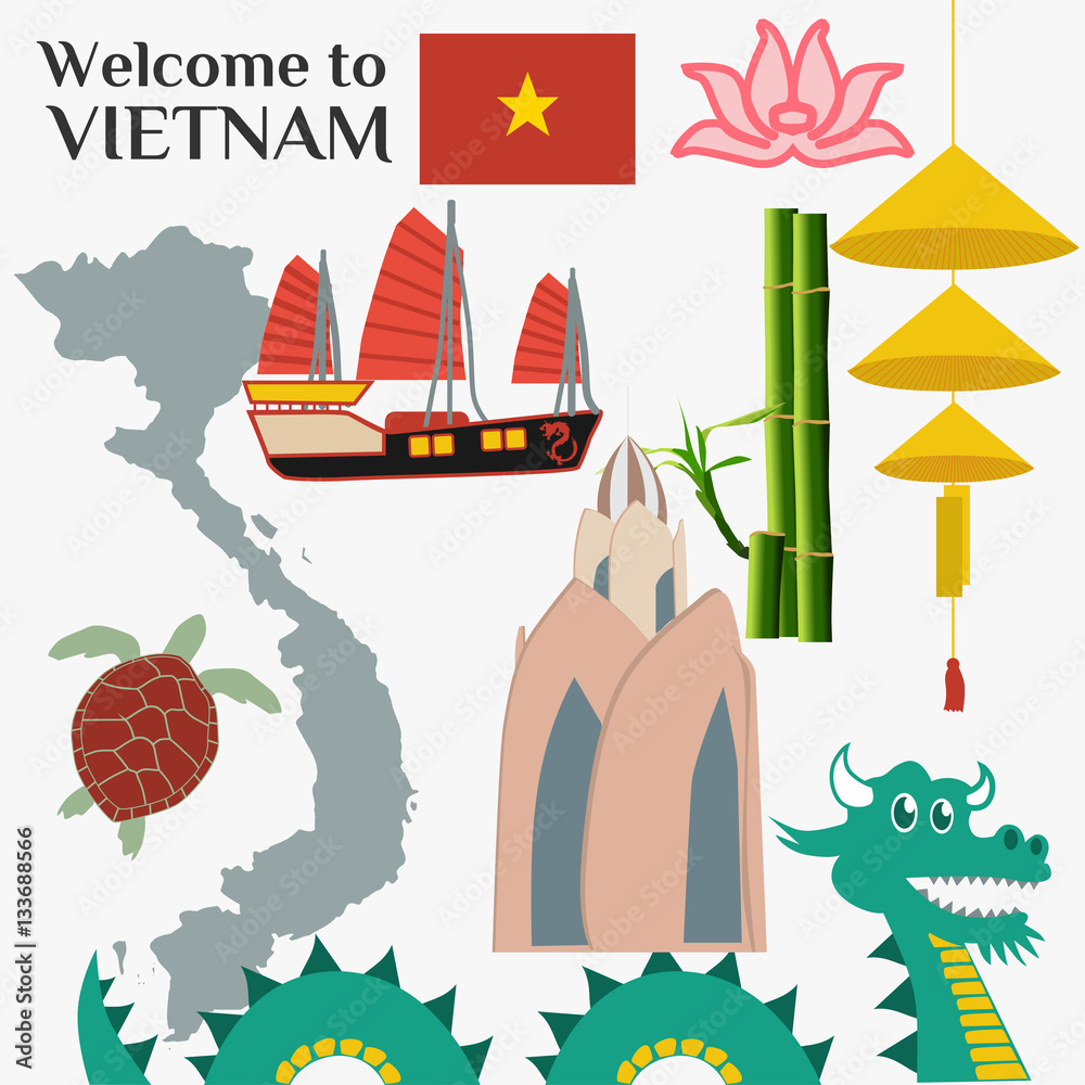 Travel to Vietnam. Set of traditional Vietnamese cultural symbols ...
