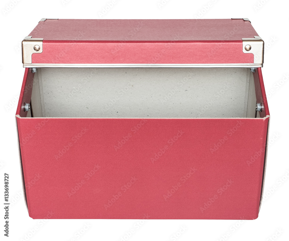 Haft-open red cardboard box with metal findings. Isolated on the white ...