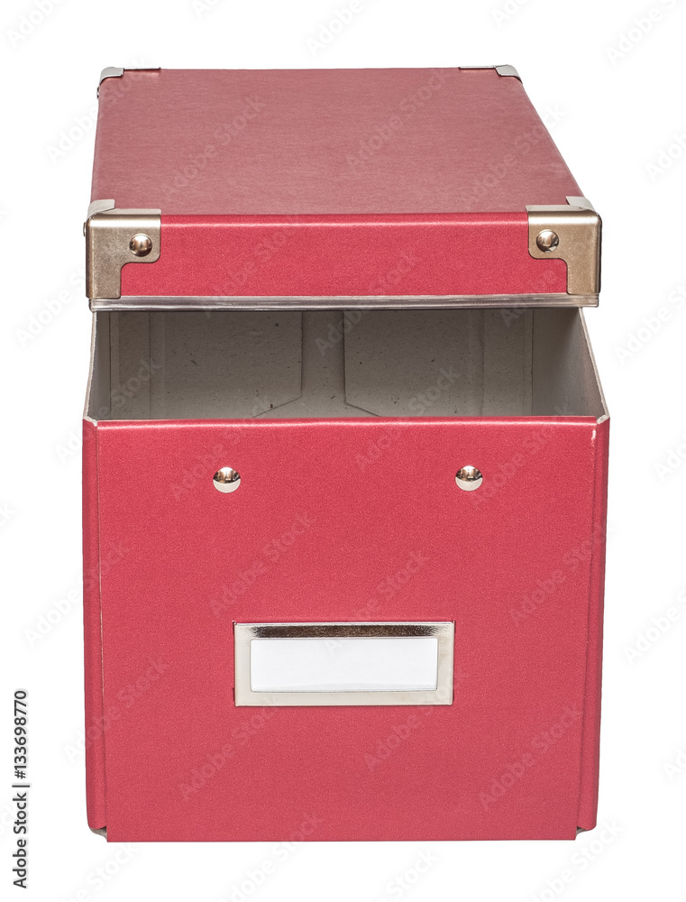 Haft-open red cardboard box with metal findings. Isolated on the white ...