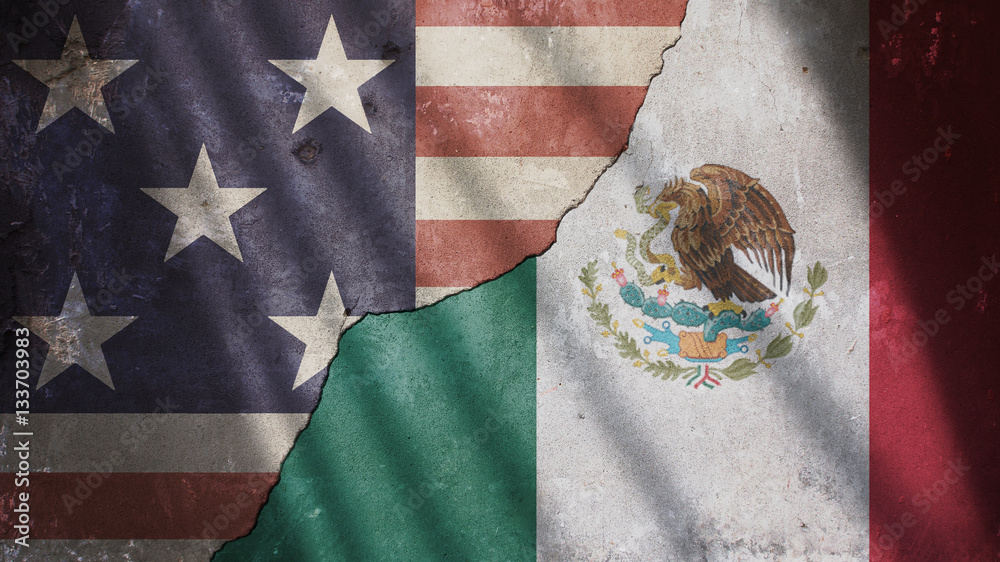 Usa and Mexico Flag on Cracked Concrete Wall With Gate Shadow Stock ...