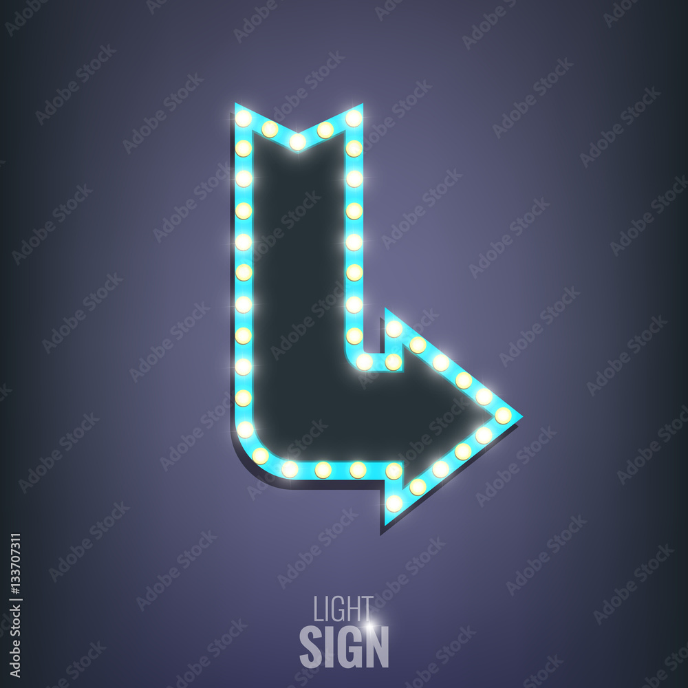 Banner with light bulbs. Shiny arrow sign. Glowing advertisement Stock ...