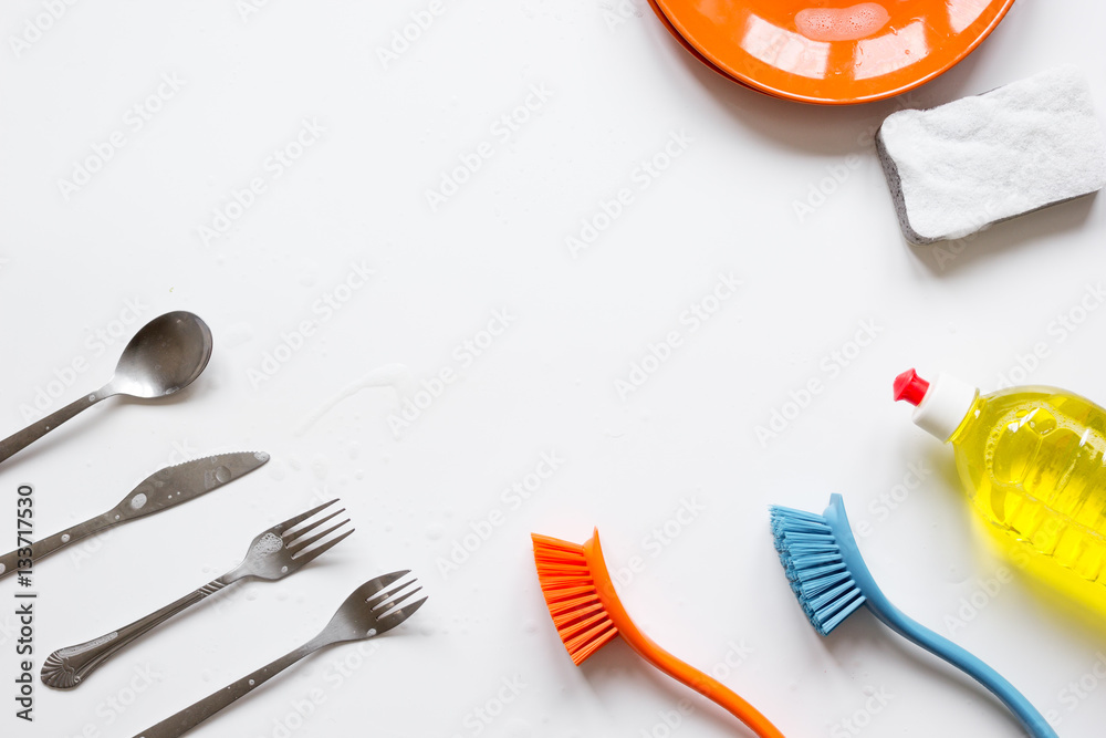 concept of washing dishes on white background top view Stock Photo ...