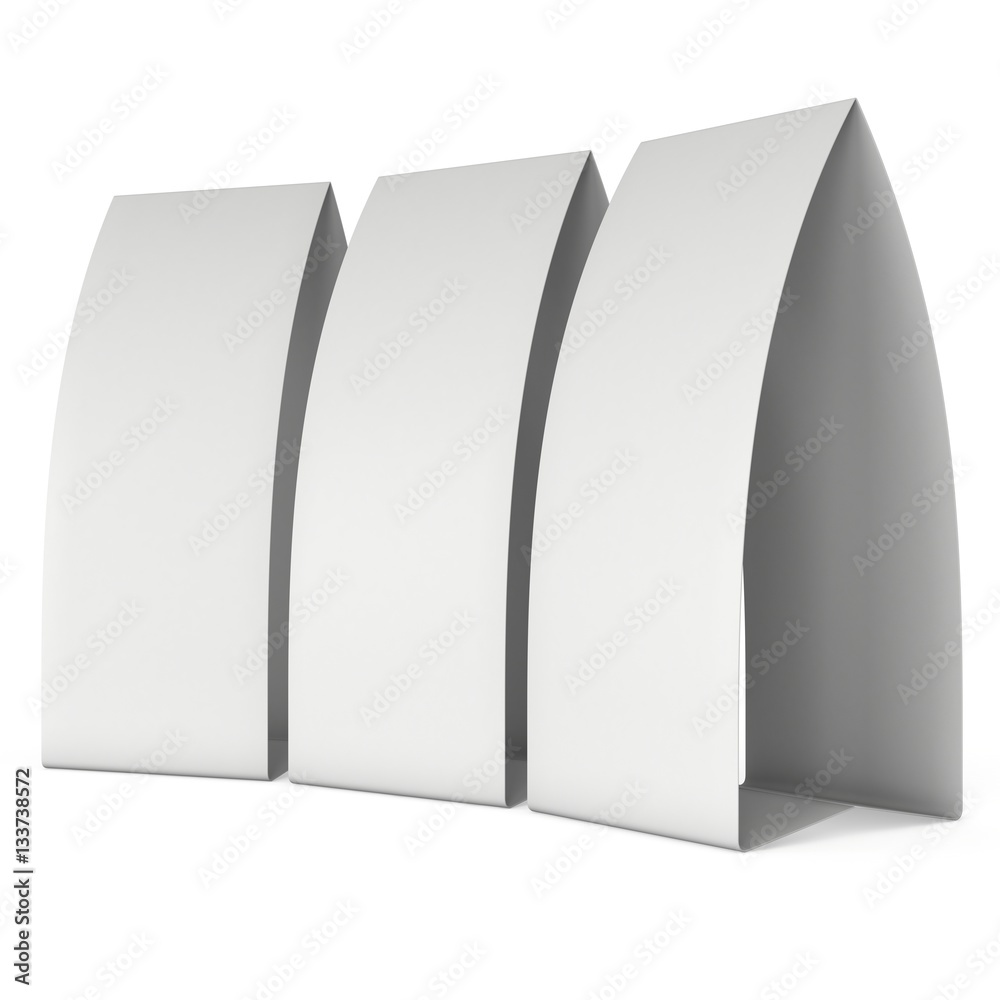 Three blank paper tent cards. 3d render illustration isolated. Table ...