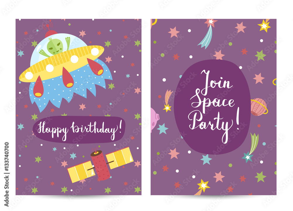 Happy birthday cartoon greeting card on space theme. Alien in flying ...