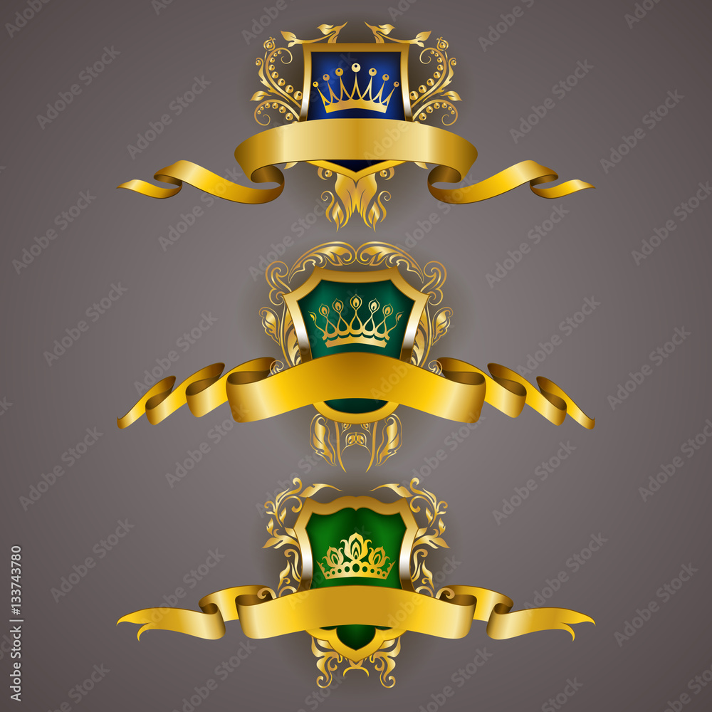 Set of golden royal shields with floral elements, ribbons, laurel ...