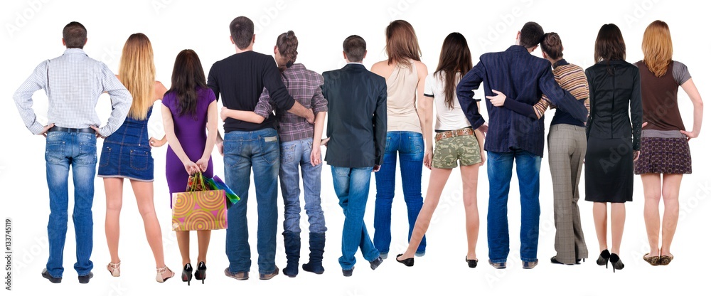 Back view group of people who are looking into the distance. Rear view ...