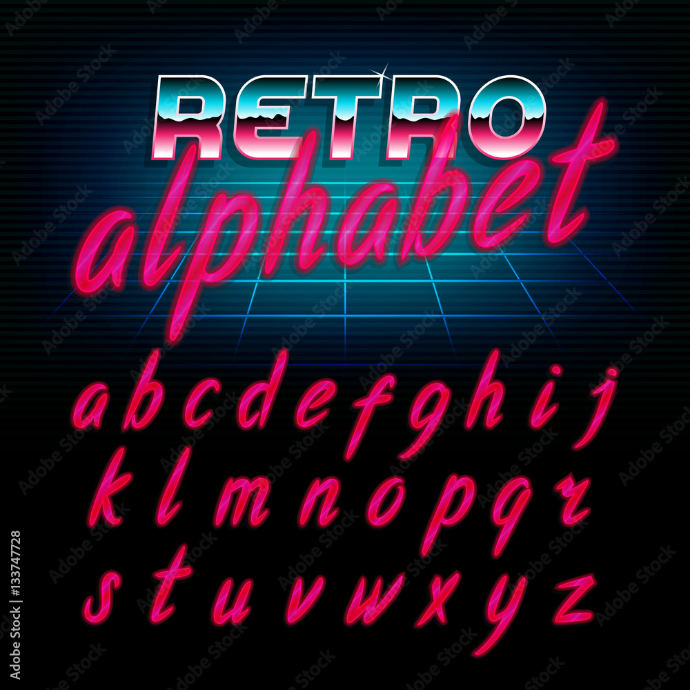 80's retro alphabet font. Glow effect shiny lowercase letters. Vector ...