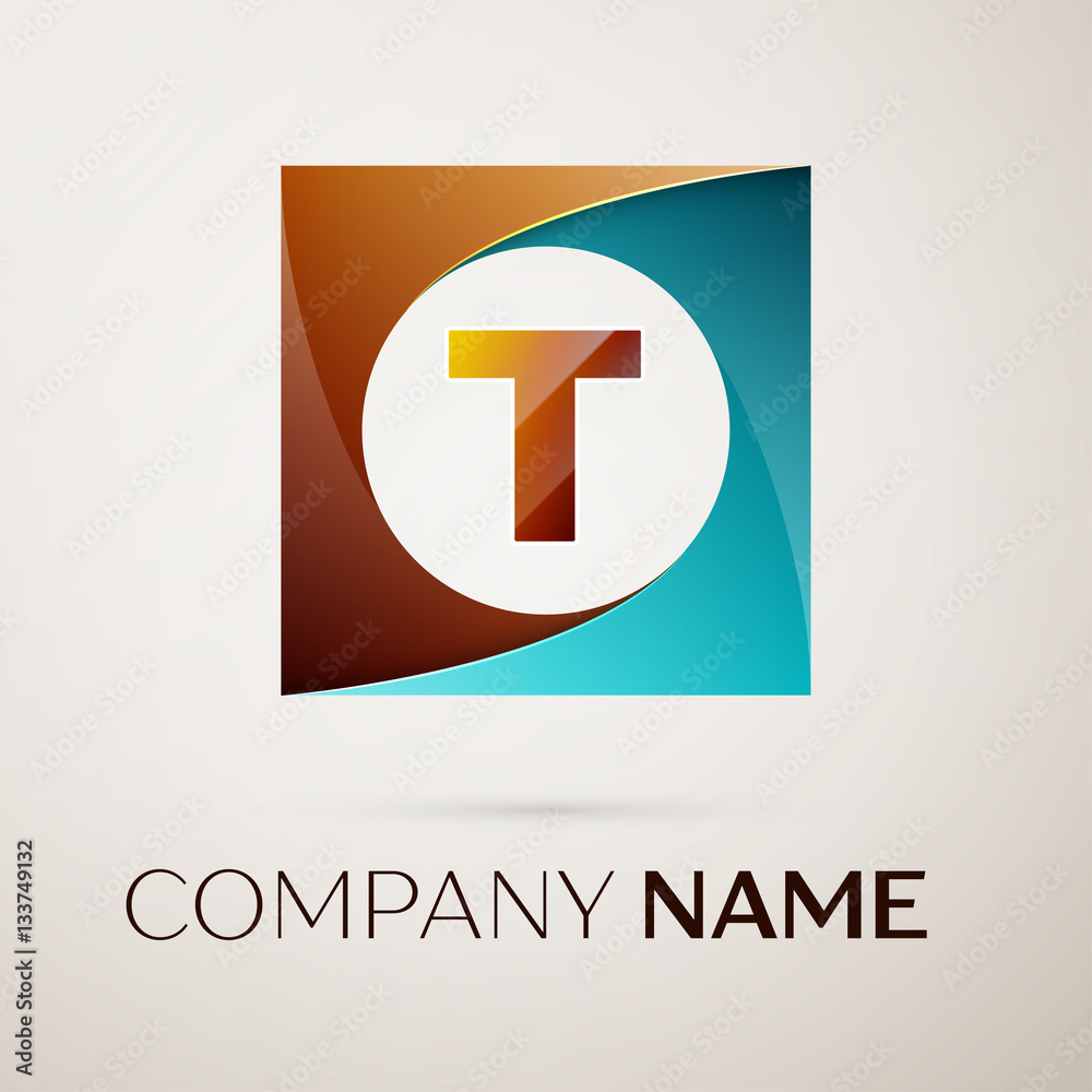 Letter T vector logo symbol in the colorful square on grey background ...