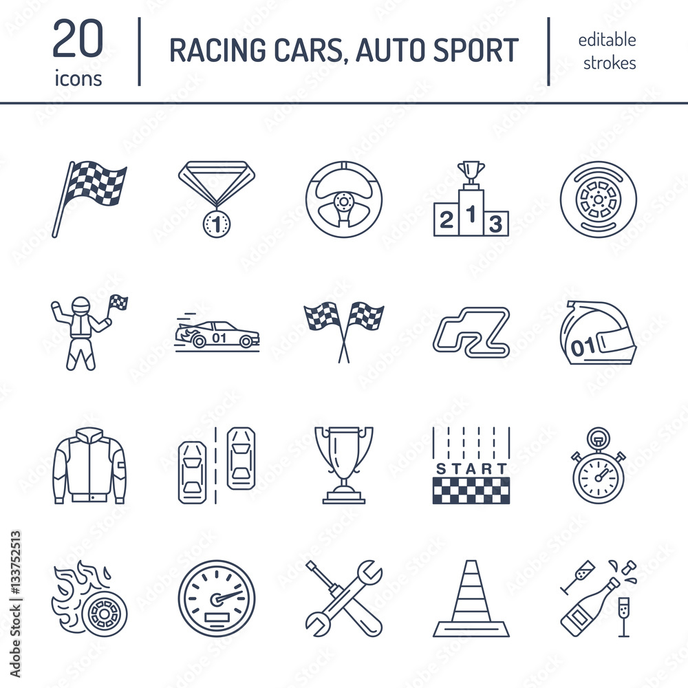 Car racing vector line icons. Speed auto championship signs - track ...