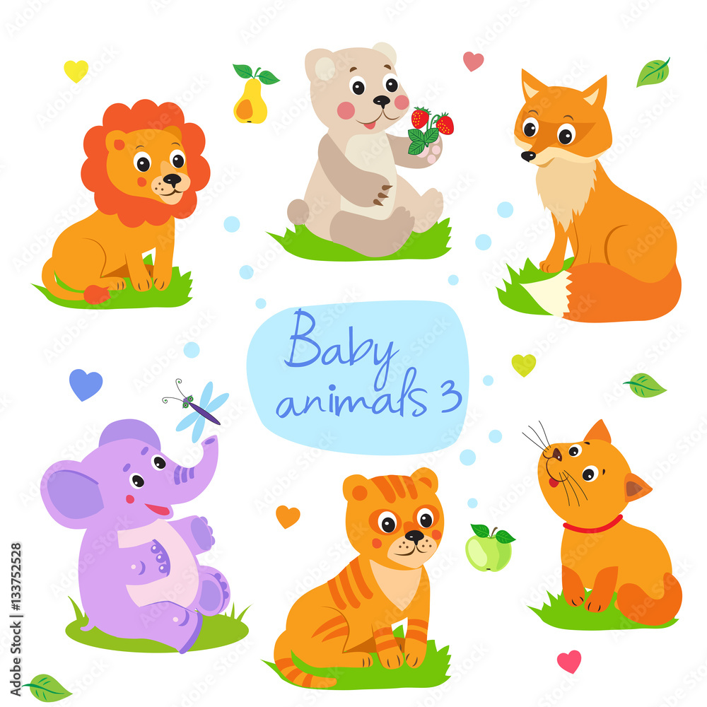 Baby Animals: Lion, Bear, Fox, Elephant, Tiger, Cat. Set Character ...