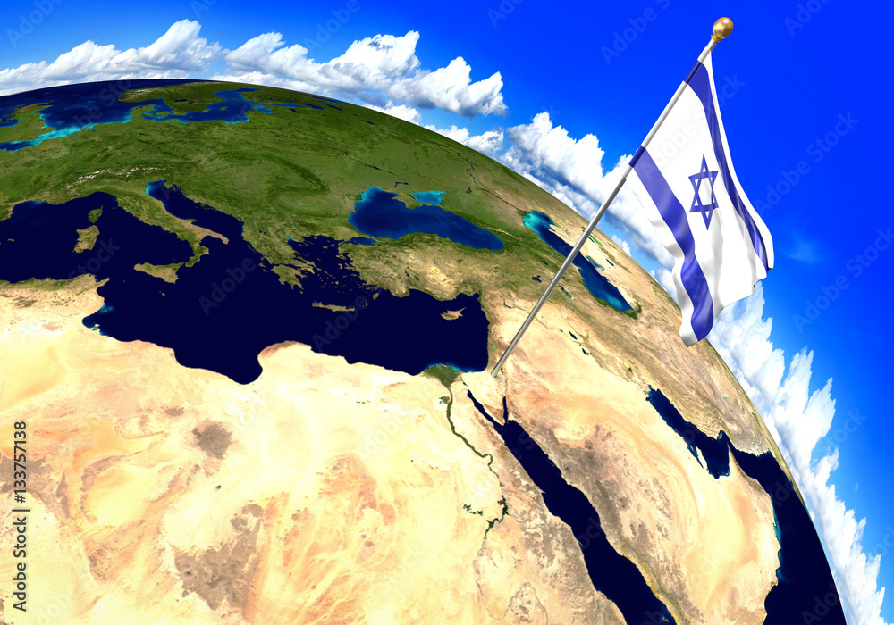 Israel national flag marking the country location on world map. 3D ...