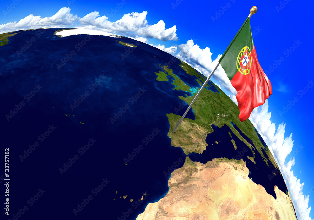 Portugal national flag marking the country location on world map. 3D ...