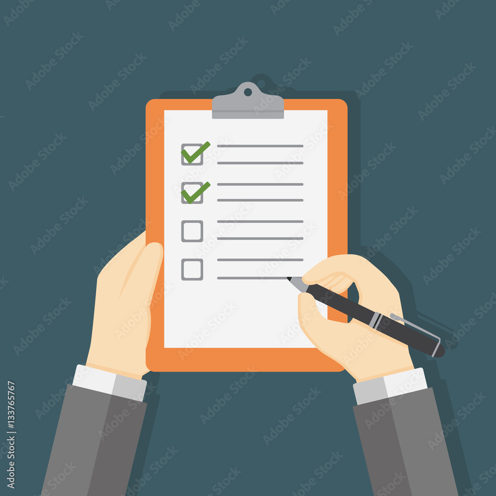 Hand Holding Clipboard and Filling A Checklist Form Stock Vector ...