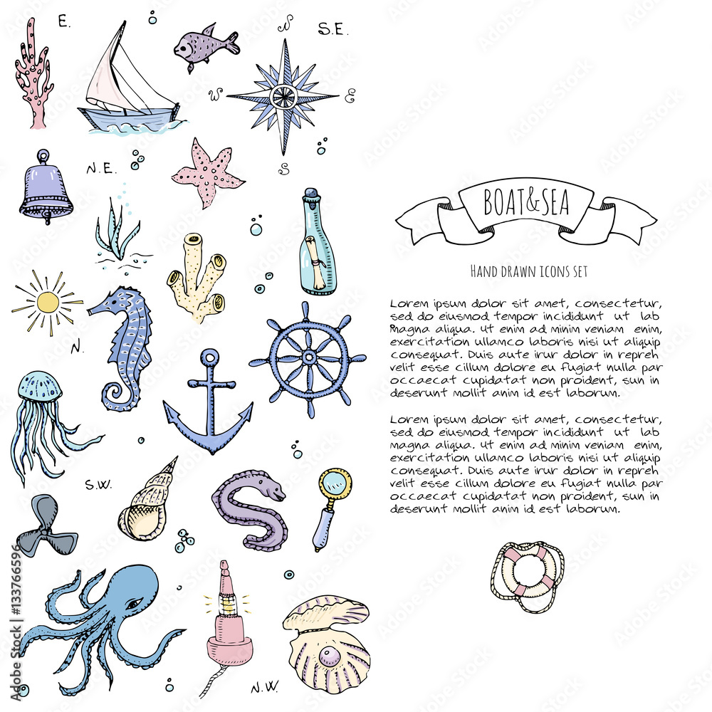 Hand drawn doodle Boat and Sea icons set. Vector illustration. Sea life ...