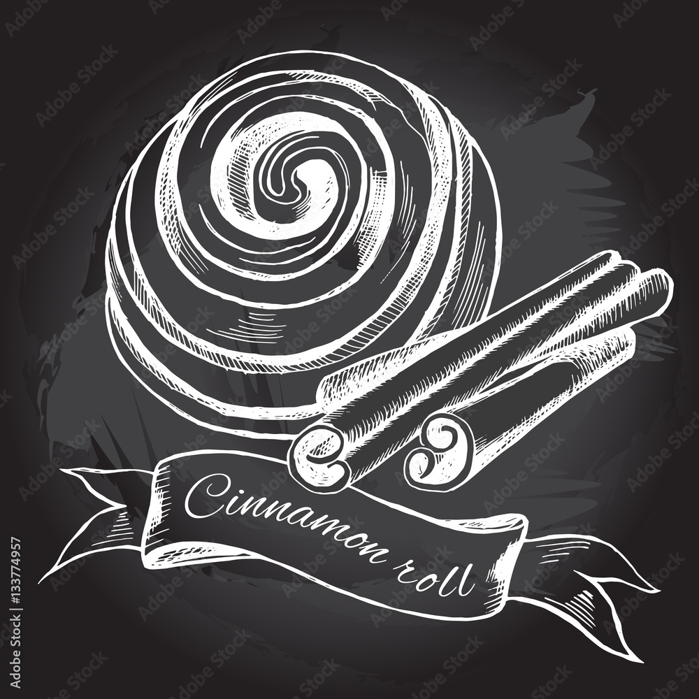 Hand drawn cinnamon roll, cinnamon sticks and banner. Vector ...