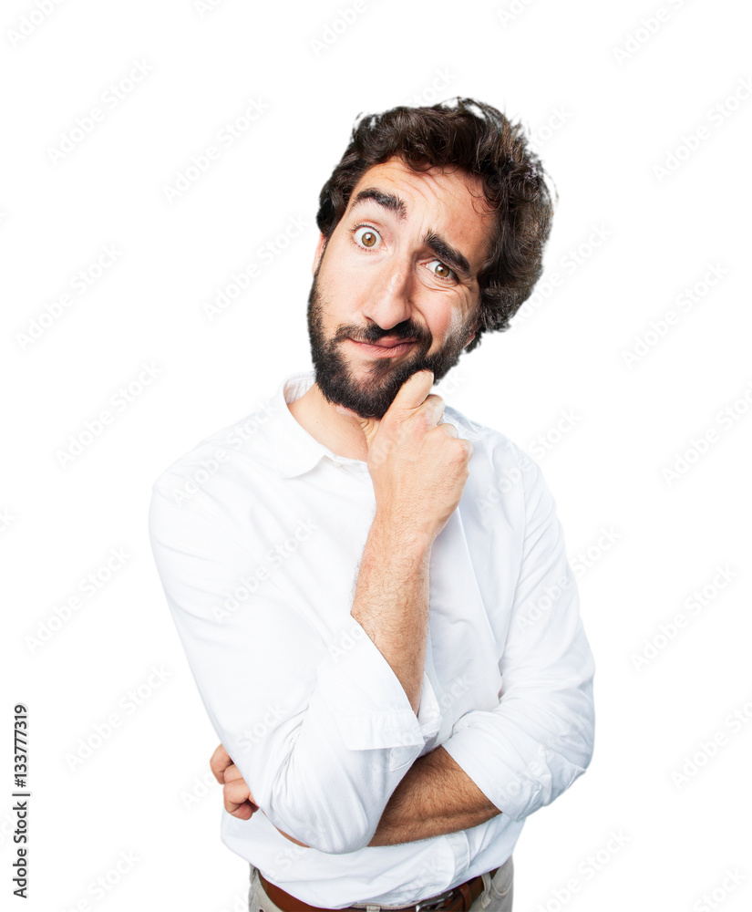 young funny man confused pose. worried expression Photos | Adobe Stock