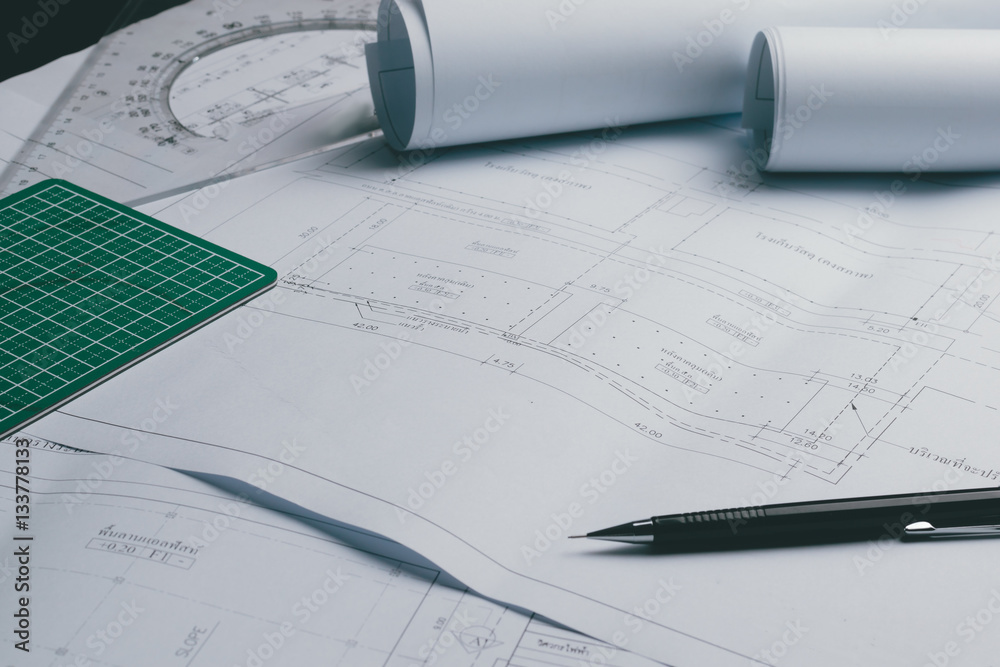 engineering diagram blueprint paper drafting project sketch arch Stock ...