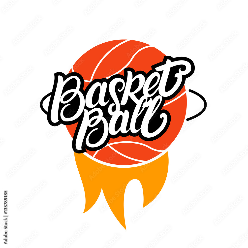 Basketball hand written lettering with fire logo, emblem, label, badge ...