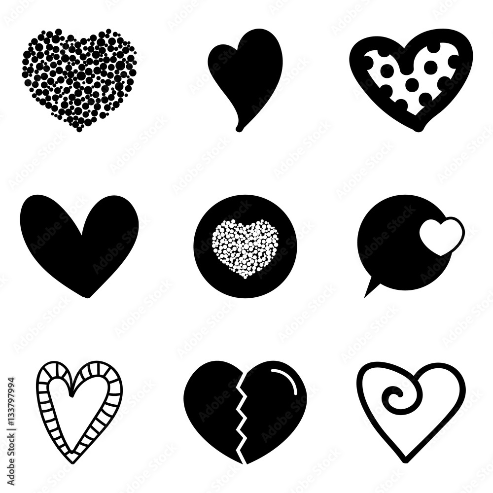 Set, collection of doodle, flat design black heart icons isolated on ...