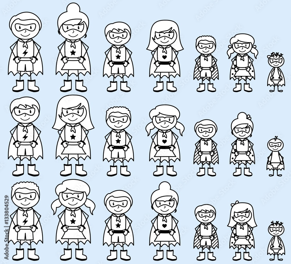 Cute Collection of Diverse Stick Figure Superheroes or Superhero ...