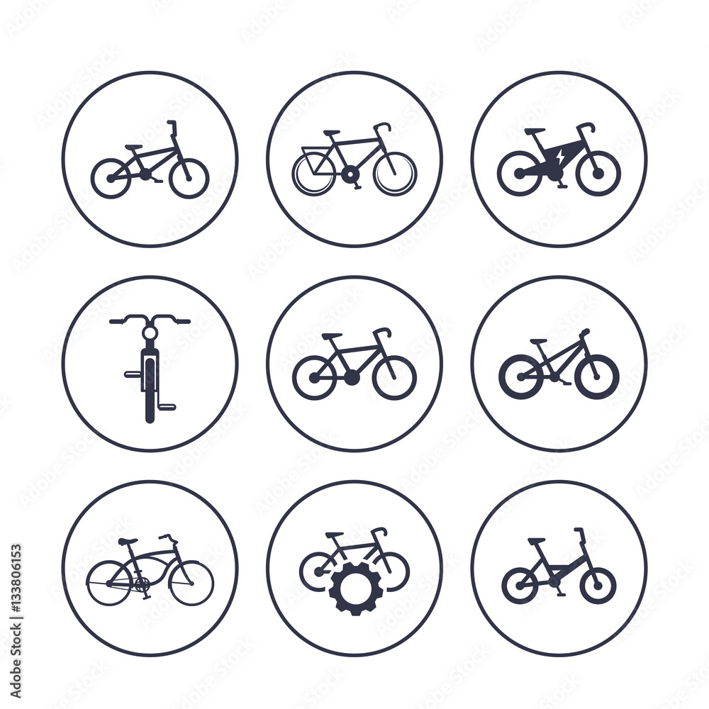 bicycles, cycling, bikes icons set, pictograms in circles isolated on ...
