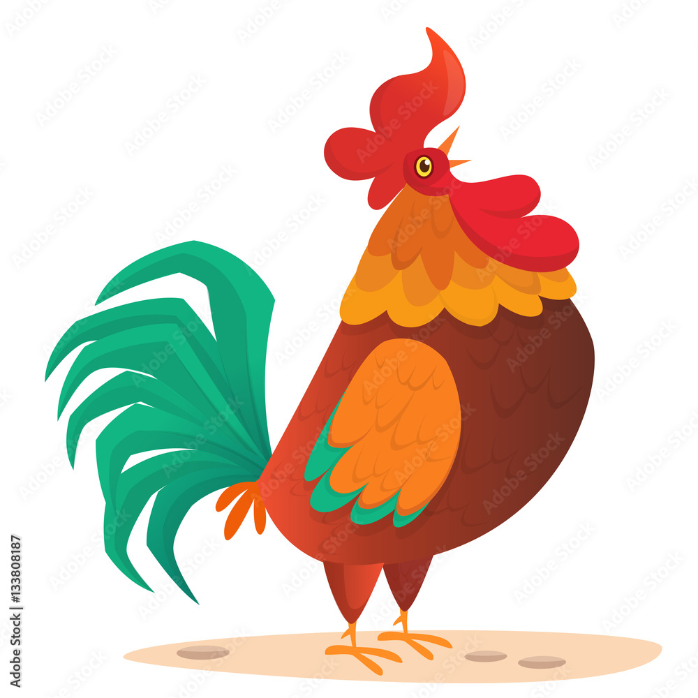 Fat cartoon rooster. Colorful vector illustration of singing rooster ...