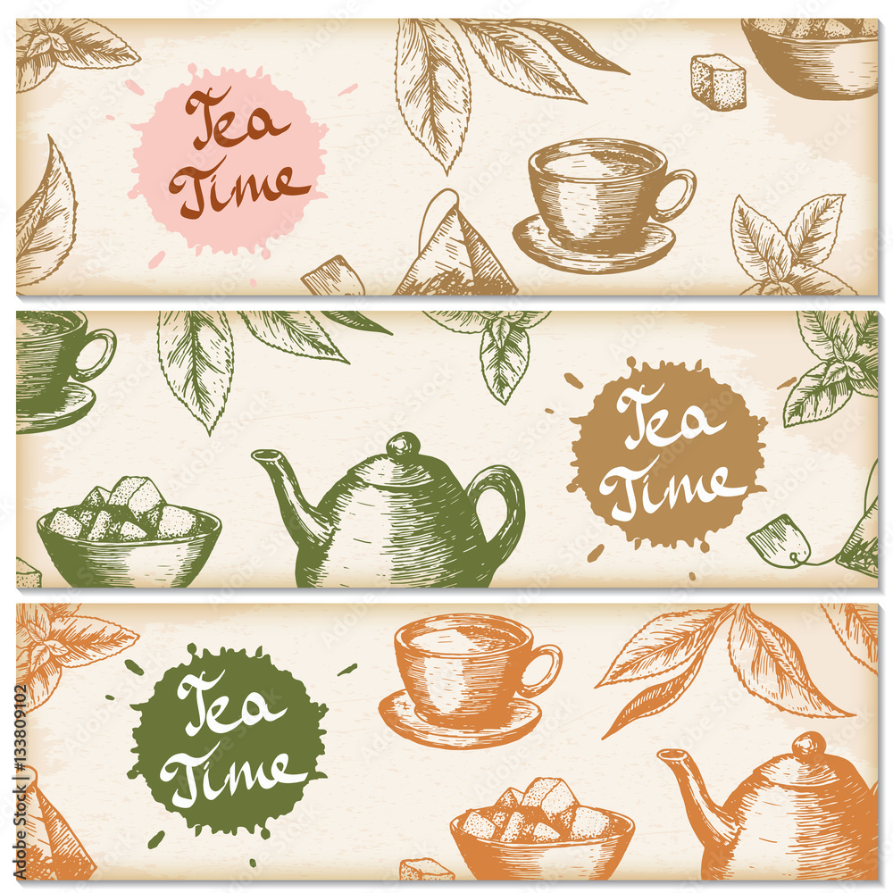 Banner set of vintage handdrawn tea backgrounds. Menu for restaurant ...