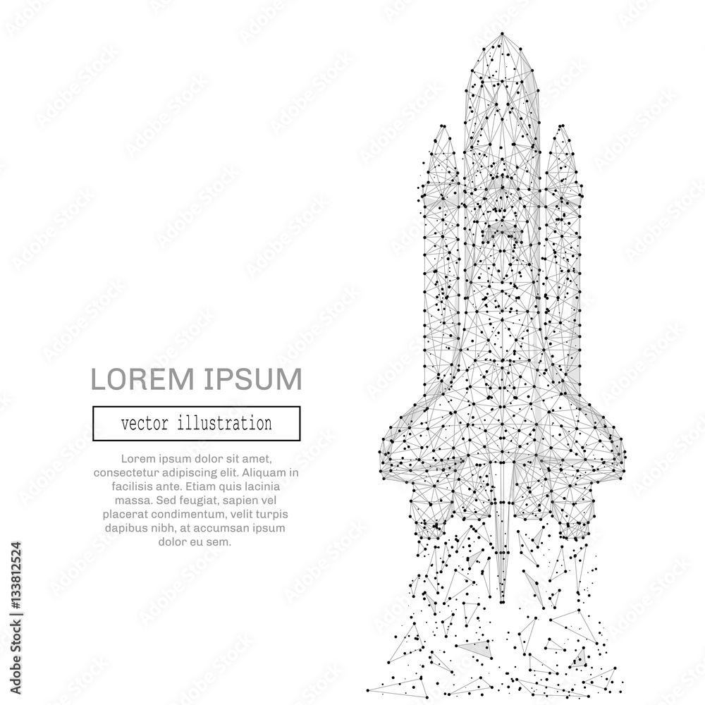Grey space shuttle with polygon line on abstract background. Polygonal ...